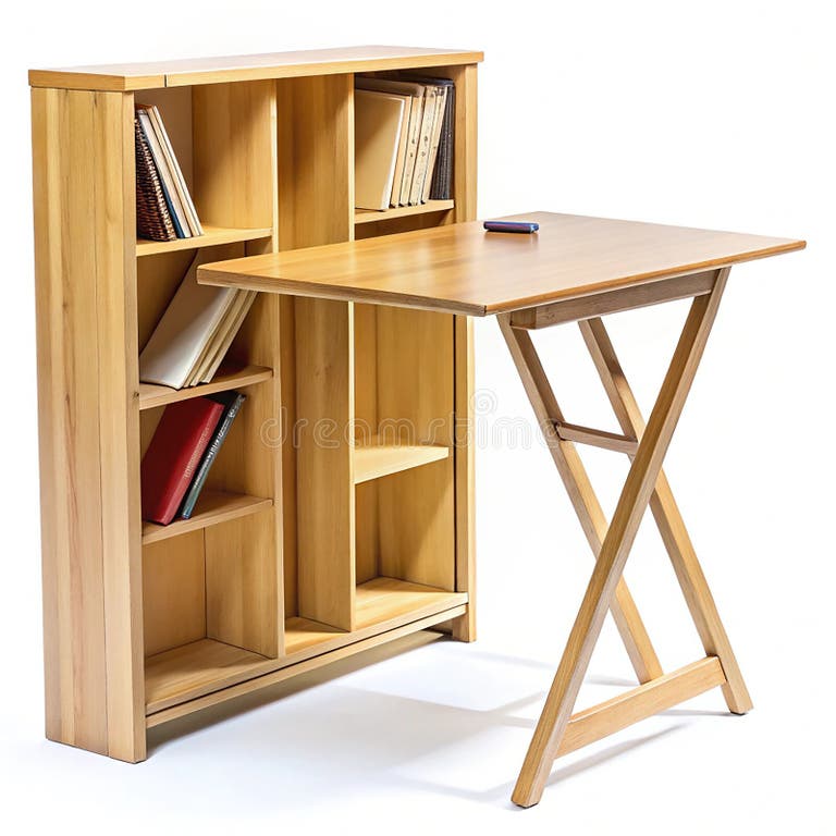 Compact Wooden Foldable Study Desk with Hidden Bookshelf Stock ...