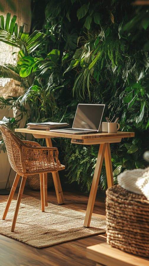 A Compact Workspace with a Bamboo Standing Desk Earthy Decor and a Lush ...