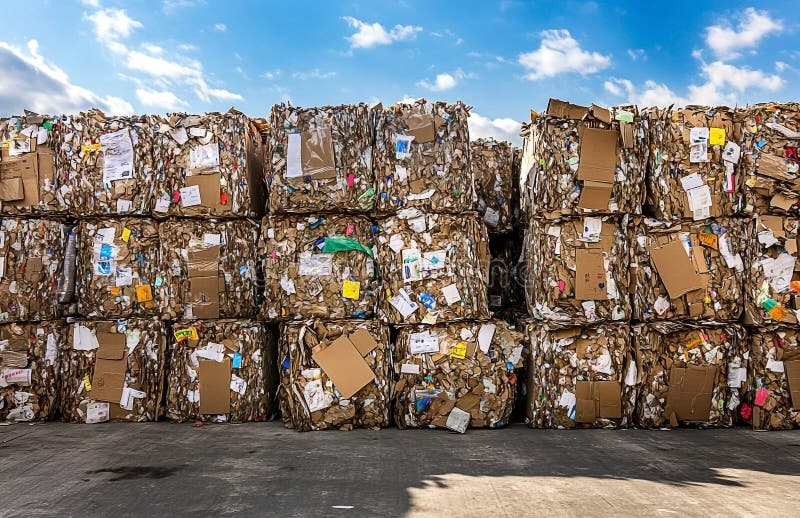 Compacted Corrugated Cardboard Bales Stacked High at Recycling Facility ...