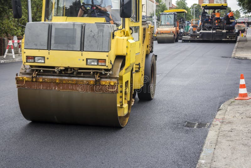 Compactor Roller during Road Construction Stock Photo - Image of ...