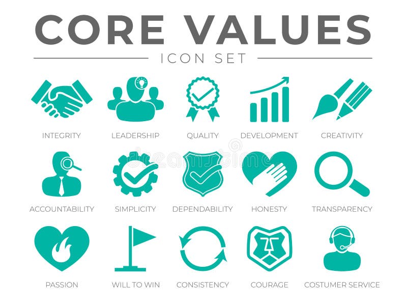 Company Core Values Icon Set. Integrity, Leadership, Quality and ...