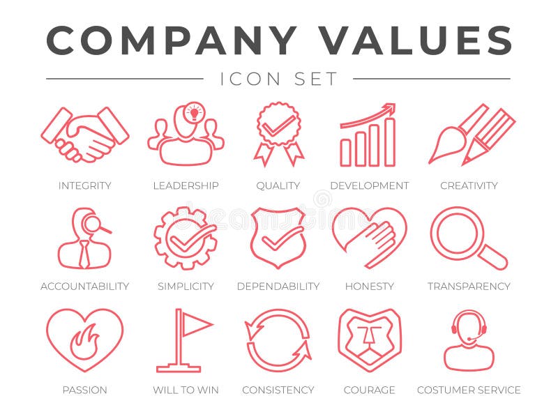 Company Core Values Outline Icon Set. Integrity, Leadership, Quality ...