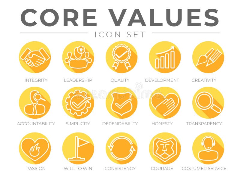 Company Core Values Round Flat Icon Set. Integrity, Leadership, Quality ...