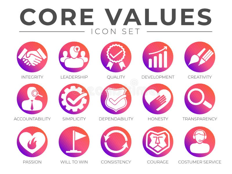 Company Core Values Round Web Icon Set. Integrity, Leadership, Quality ...