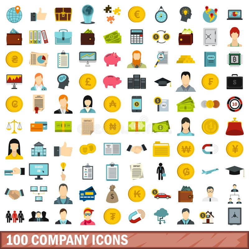 100 Company Icons Set, Flat Style Stock Vector - Illustration of human ...