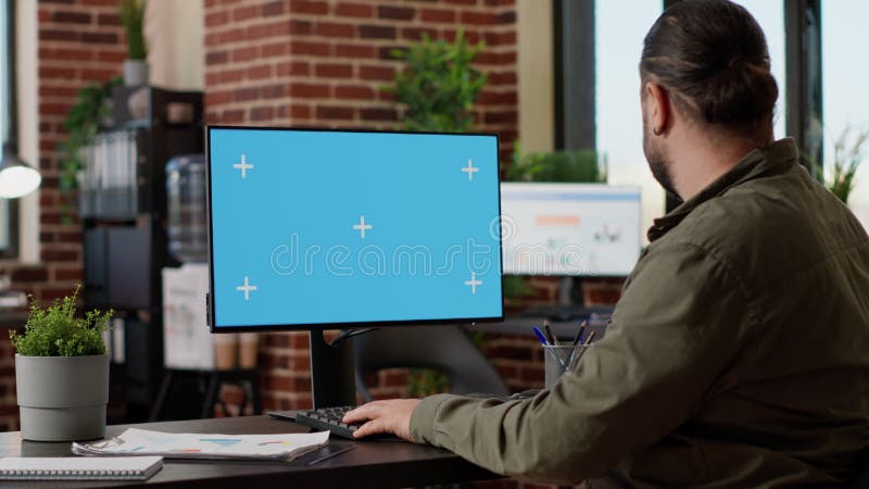 Company Manager Working with Greenscreen Mockup Display Stock Footage ...