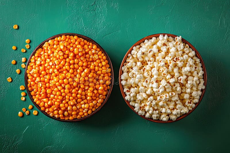 Comparing Popcorn Kernels and Popped Popcorn in Bowls on Green ...