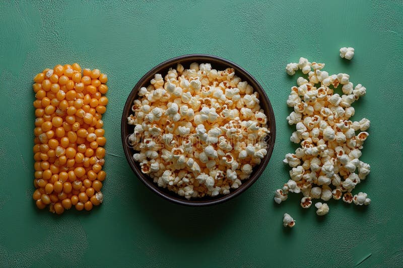Comparing Popcorn Kernels and Popped Popcorn in Bowls on Green ...