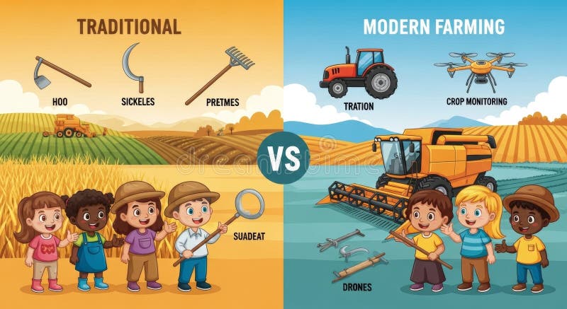Comparing Traditional and Modern Farming Methods with Children Stock ...
