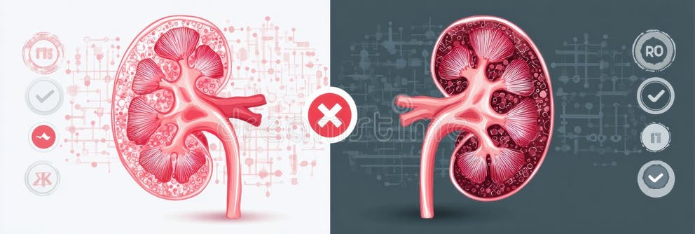 Comparison Chart of Healthy Kidney Versus Damaged Kidney with Clear ...
