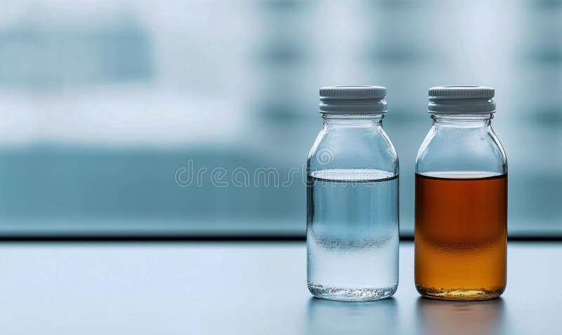 Comparison of Clear and Contaminated Liquid in Glass Bottles Stock ...