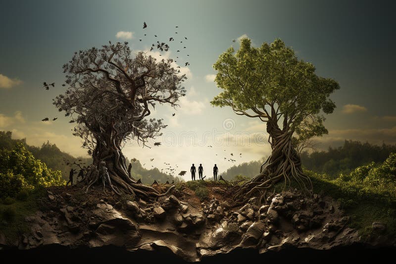 Comparison of a Dead Tree and a Green Tree Stock Illustration ...