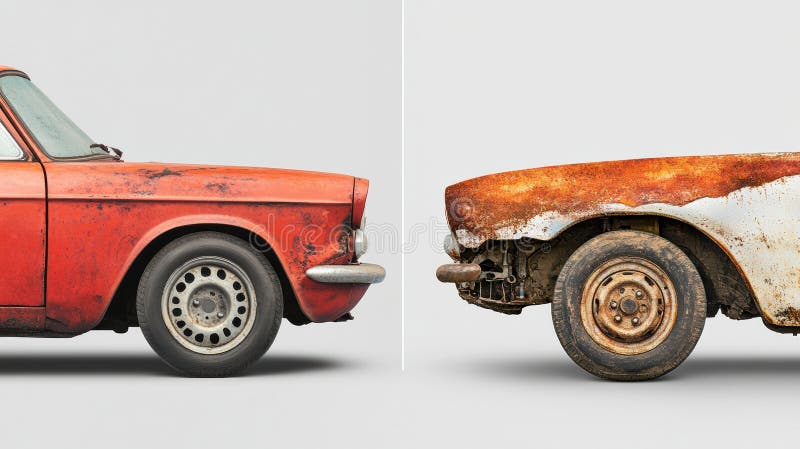Comparison of a Dented Rusted Car with a Fully Restored Vehicle Showing ...