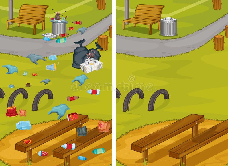 Comparison of Dirty and Clean Park Stock Vector - Illustration of waste ...