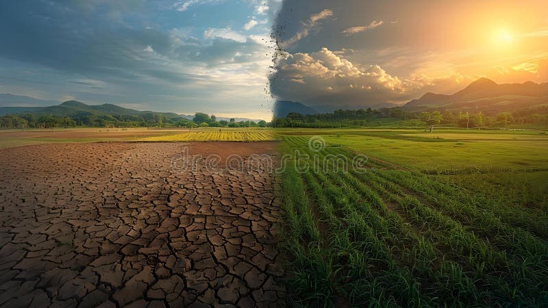 Comparison of Dry Land and Lush Nature in a Split Image. Concept Nature ...