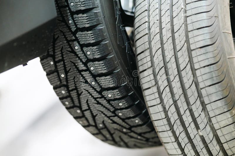 Comparison of Old and New Studded Car Tires. Stock Image - Image of ...