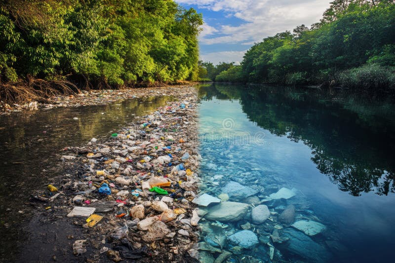 Comparison of a Polluted River Filled with Trash and a Clean, Crystal ...