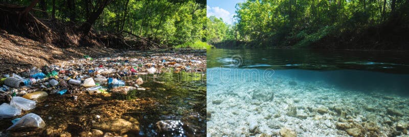 Comparison of a Polluted River Filled with Trash and a Pristine Clear ...