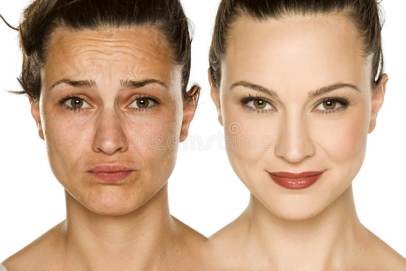 Comparison Portrait of Woman without and with Makeup Stock Photo ...