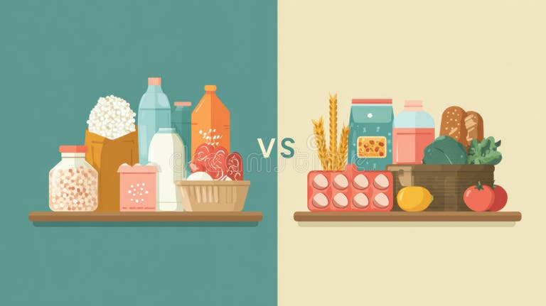 Comparison of Processed and Natural Food Items Featuring Colorful Flat ...