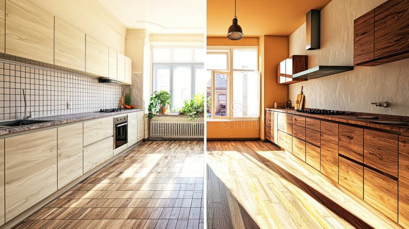 A before-and-after Comparison of a Renovated Kitchen Stock Illustration ...