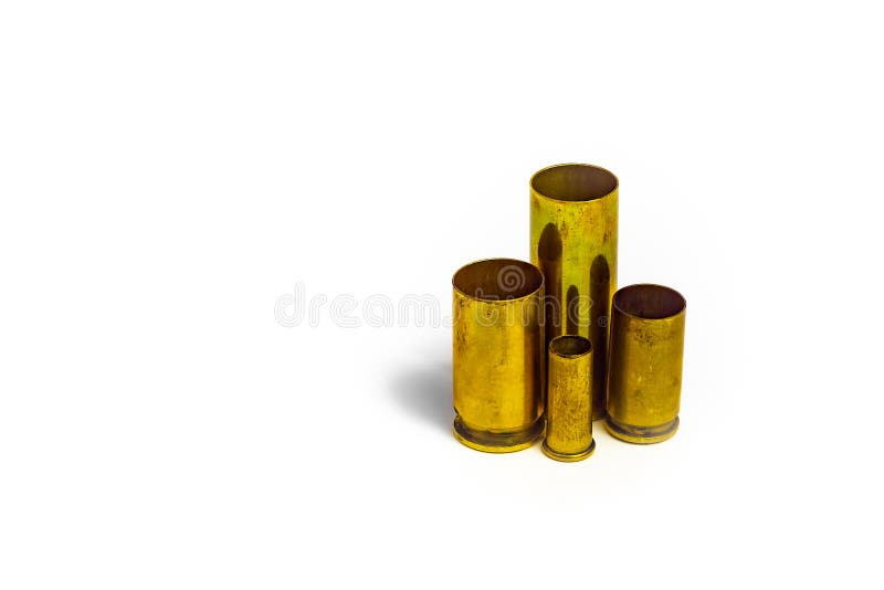 Comparison of Sizes of Different Used Bullet Shells on a White Isolated ...