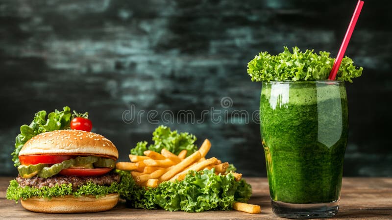 Comparison of a Vibrant Green Smoothie and Unhealthy Fast Food Stock ...