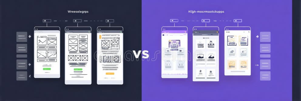 Comparison of Wireframes and High-Fidelity Mockups in a Flat Style ...