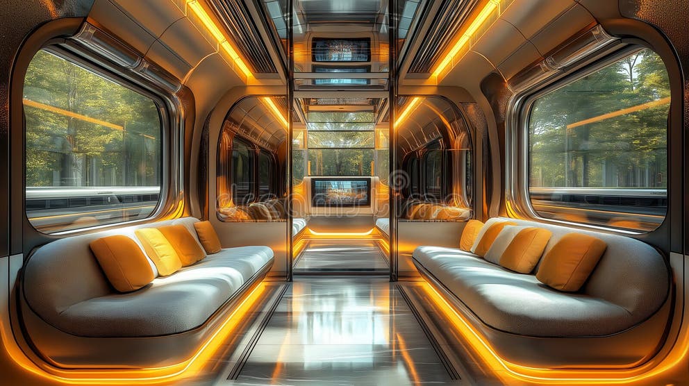 A Compartment of an Empty Futuristic Carriage of a Modern Train with Panoramic Windows, Soft ...