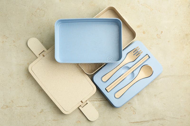 Compartments of Plastic Lunch Box with Cutlery on Grey Table, Top View ...