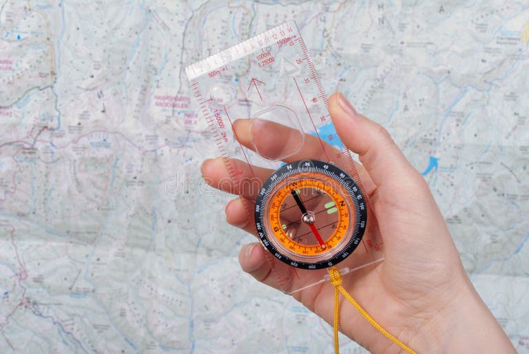 Compas, map and hand stock image. Image of magnetic, north - 28269303