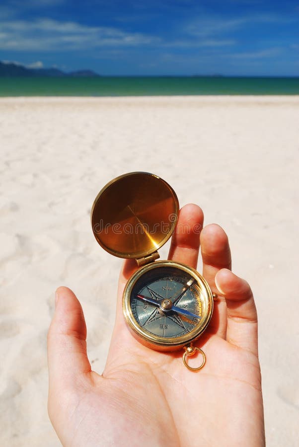 Compass on the Beach with Sand and Sea Stock Image - Image of adventure ...