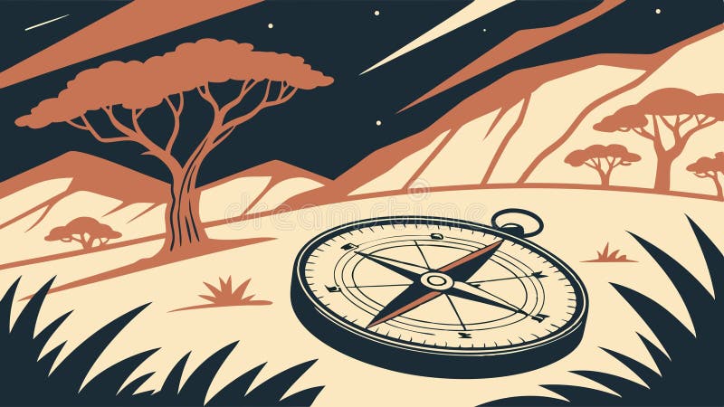 Compass on African Savanna with Iconic Acacia Tree, Vector Design ...