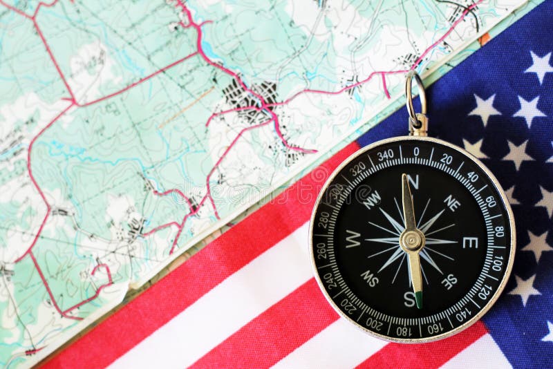 The Compass on the American Flag and a Map of the Area Stock Image ...