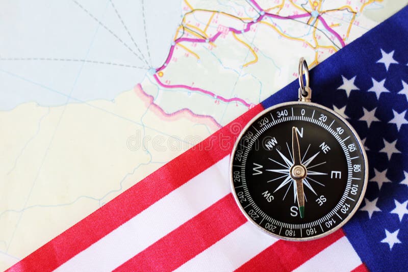 The Compass on the American Flag and a Map of the Area Stock Image ...