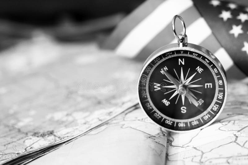 The Compass on the American Flag and a Map of the Area Stock Photo ...