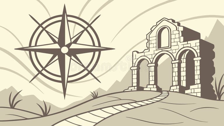 Compass and Ancient Gate, Historical Entry, Guided Exploration, Vector ...