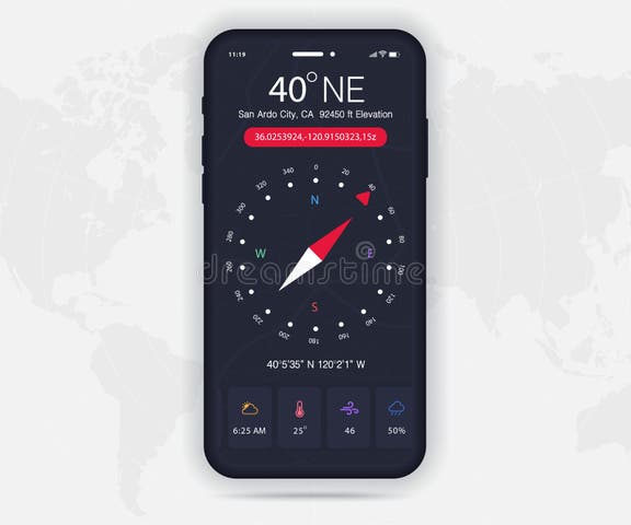 Compass App UI UX GUI Concept, Map GPS App on Screen Smartphone ...