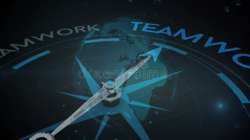 Compass Arrow Pointing To Teamwork Text Animation Over World Map Stock ...