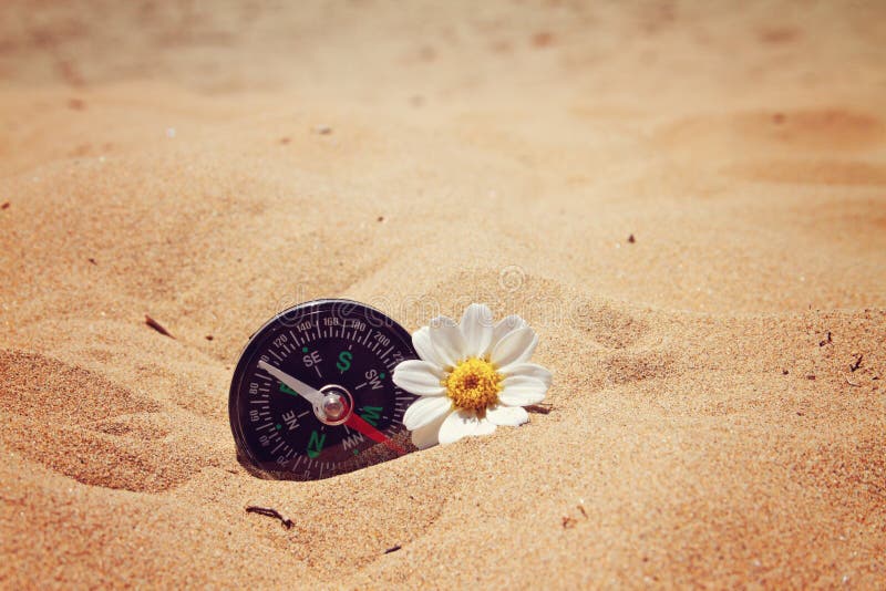 Compass On The Beach With Sand And Sea Stock Image - Image of adventure ...