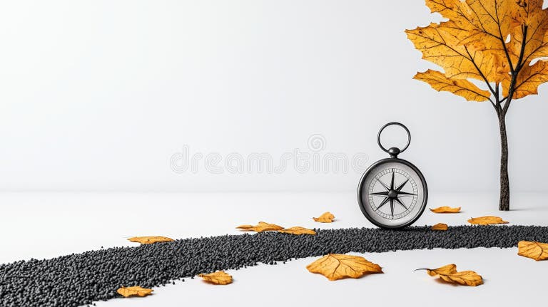 Compass on Black Stones with Autumn Leaves and Bare Tree White Isolate ...