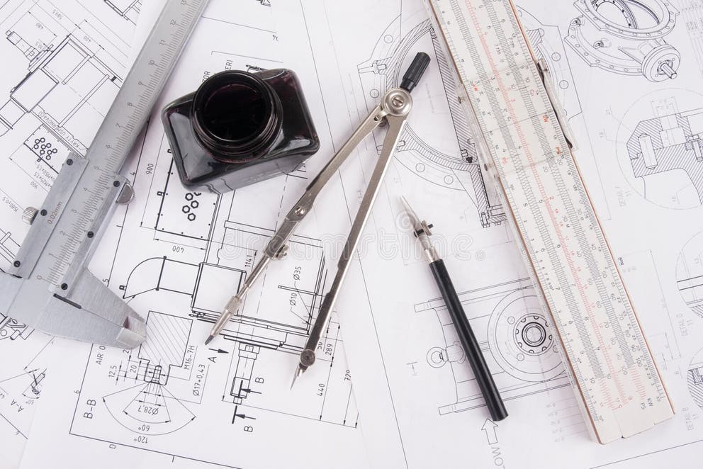 Compass, Caliper and Slide Rule Stock Photo - Image of mechanic ...