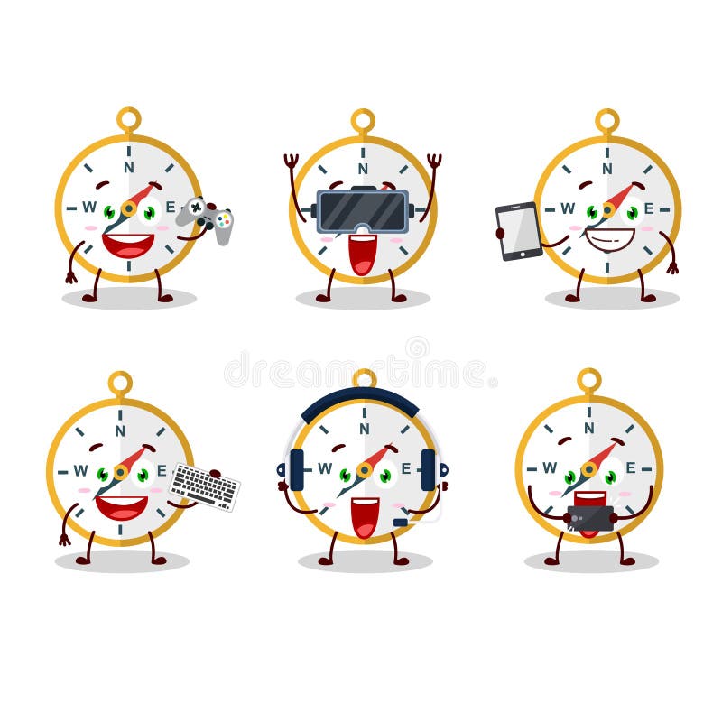 Compass Cartoon Character are Playing Games with Various Cute Emoticons ...