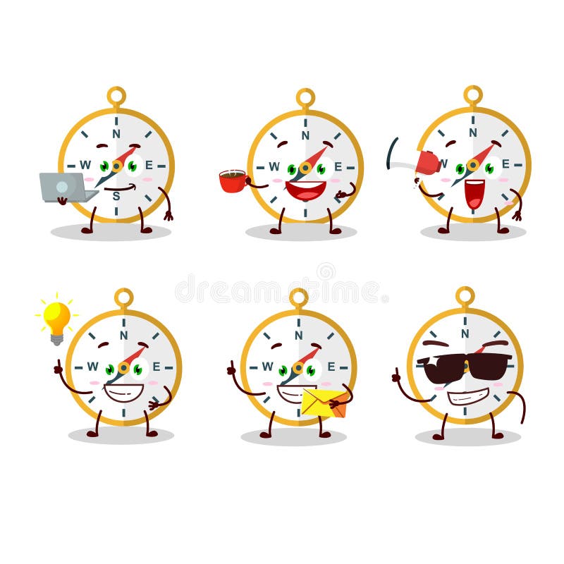 Compass Cartoon Character with Various Types of Business Emoticons ...