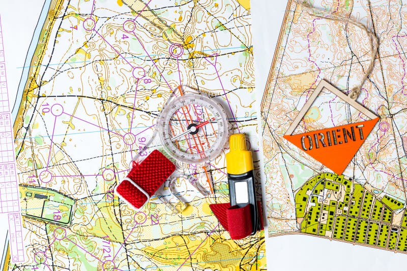 Compass Chip and Prism Lie on the Map Stock Image - Image of research ...