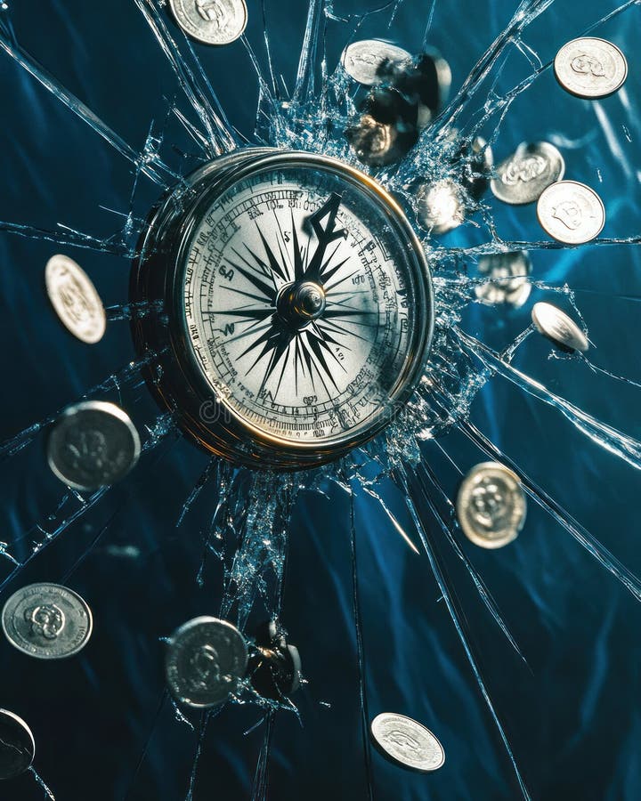 Compass and Coins on Shattered Glass Stock Illustration - Illustration ...
