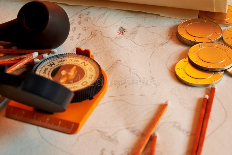 Compass, Coins, and Smoking Pipe on the Old Treasures Map Stock Photo ...