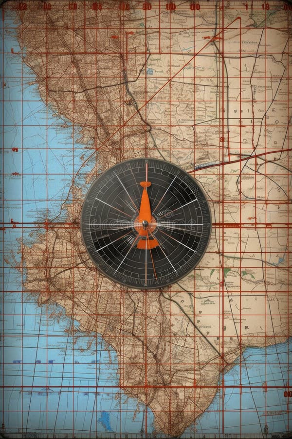 Compass with Coordinate Grid Overlay on Map Stock Photo - Image of ...