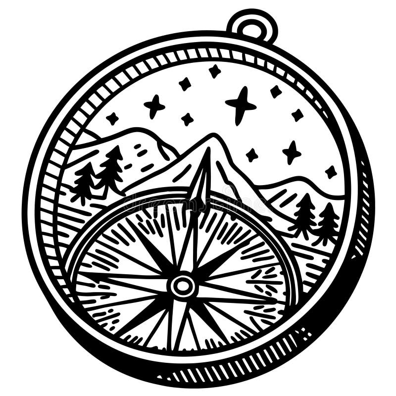 Compass Drawing with Mountain Landscape Under Starry Night Sky ...