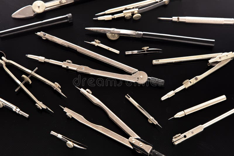 Set of Old Different Compasses. Retro Metal Compasses and Drafting ...